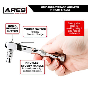 ARES 42044 - Flex Head Stubby Ratchet - 3/8-Inch Drive 72-Tooth Ratchet - Premium Chrome Vanadium Steel Construction & Mirror Polish Finish - Quick Release Reversible Direction Head Design