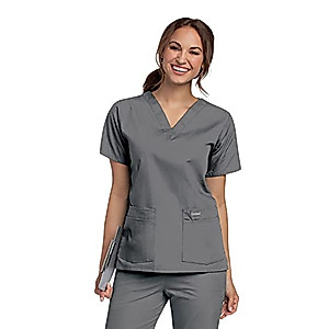 Landau Essentials Relaxed Fit 4-Pocket V-Neck Scrub Top for Women 8219 Steel Grey