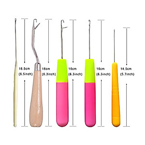 5 Pcs Hair Crochet Hook Bent Latch Hook Crochet Needle Set Tool Knitting Ventilating Needles for Hair Extension 1 Wooden Bent Latch Hook and 4 Size Plastic Latch Hook