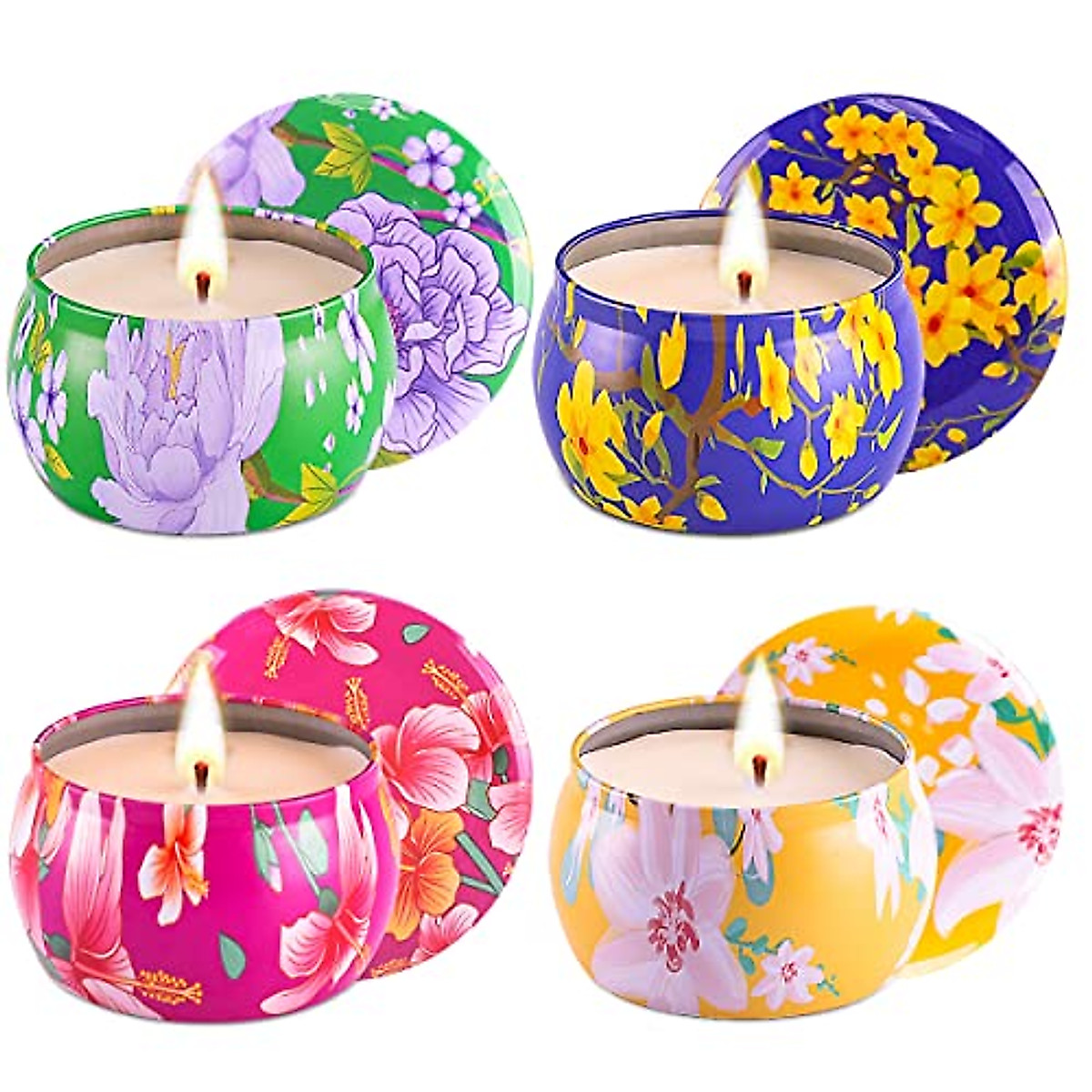 Scented Candles Set for Women, 4 Pack 4.4 Oz Natural Soy Wax with Essential Oil, Portable Travel Scented Candles, Long Lasting Aromatherapy Candle for Stress Relief, Bath, Holiday, Christmas。