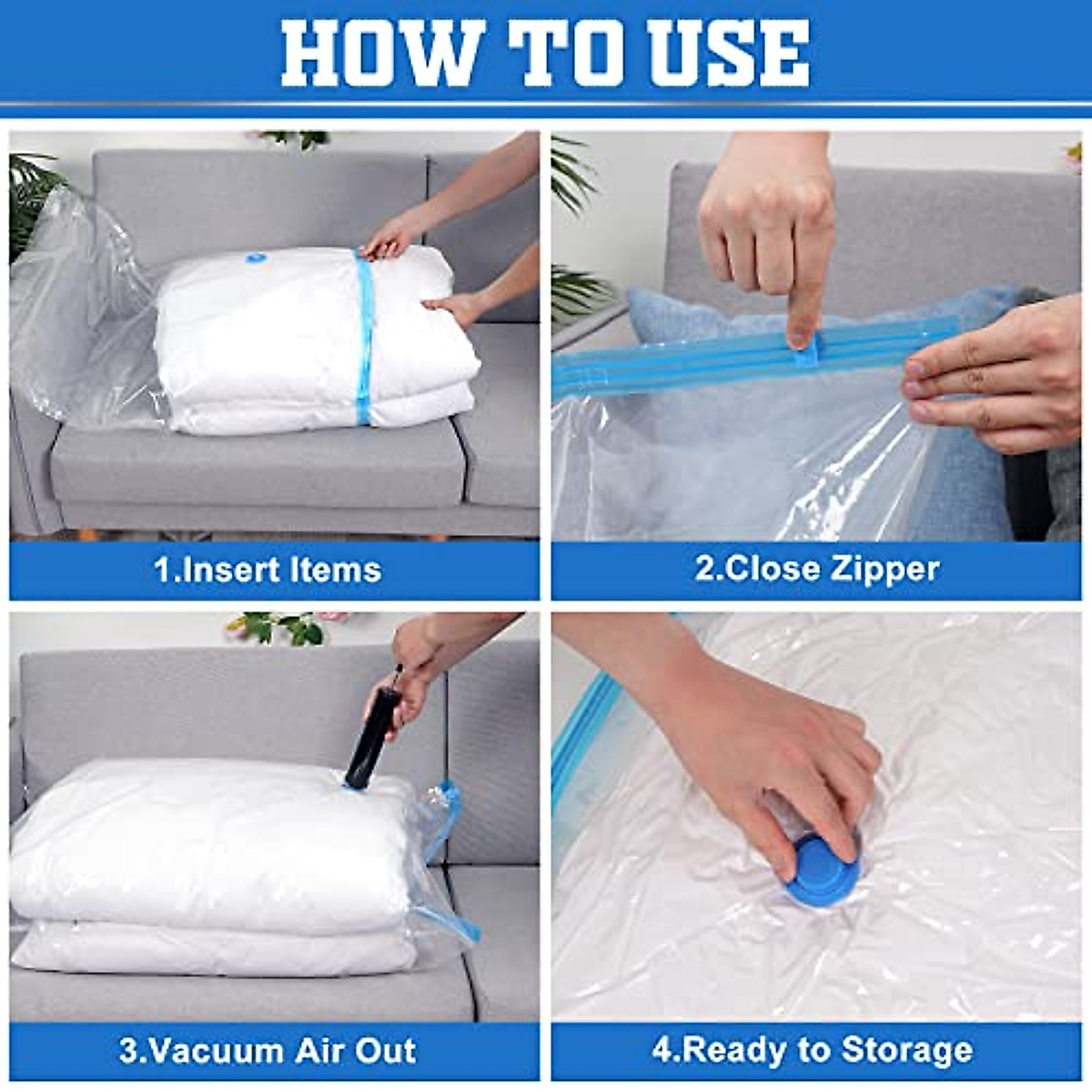 MecTo Vacuum Storage Bags 6 Pack Jumbo Space Saver Vacuum Storage Bags, Reusable Ziplock Vacuum Sealer Bags for Clothing, Comforter, Pillow, Blankets, Bedding, Travel, Hand Pump Included