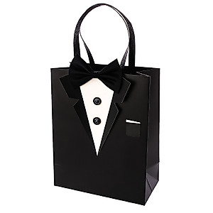 Crisky Classic Black Tuxedo Gift Bags for Groomsman Father's Birthday Anniversary Wedding Favor Bags 10"x8"x4" set of 6