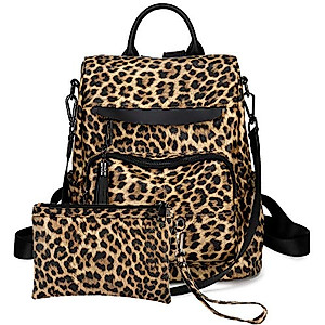 Womens Backpack Purse Set Casual Fashion Backpack Wallet Shoulder Bag Travel Daypack (Leopard with wallet)
