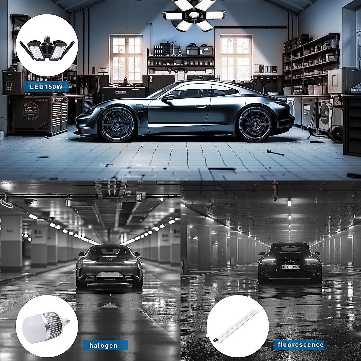 Doeklpo 2 Pack LED Garage Lights,150W LED Shop Light,15000LM LED Garage Ceiling Lights,Garage LED Lighting with 6+1 Deformable Panels,E26/E27 Garage Lights Ceiling LED for Warehouse Garage,Workshop