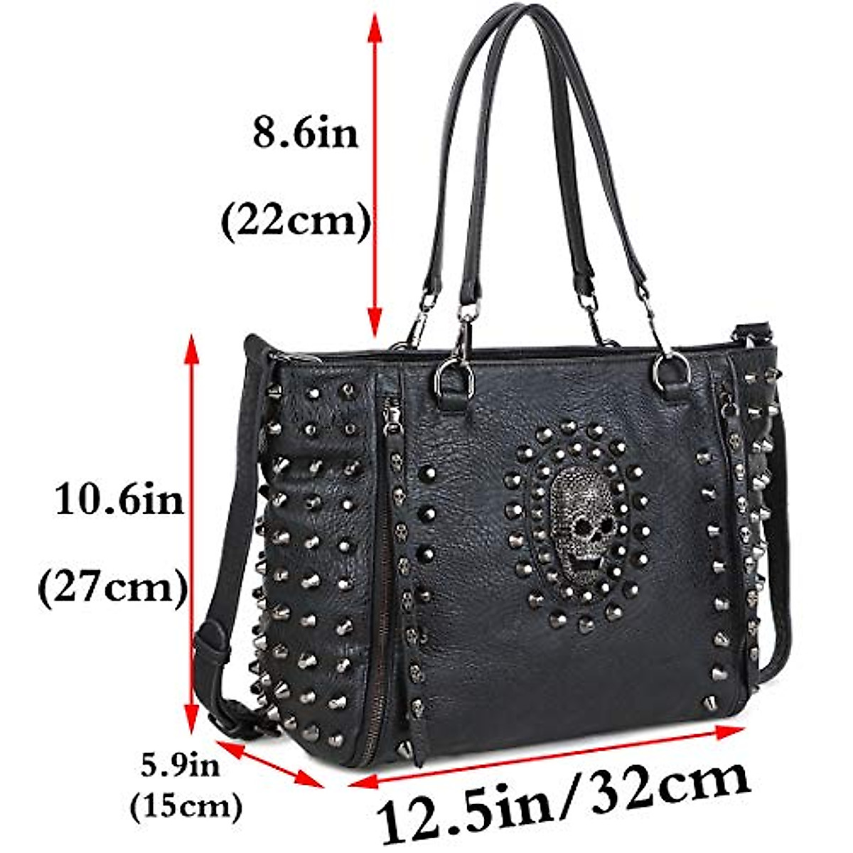 FiveloveTwo Skull Handbag Purse for Women Gothic Top-handle Shoulder Bag PU Leather Tote Satchel Black