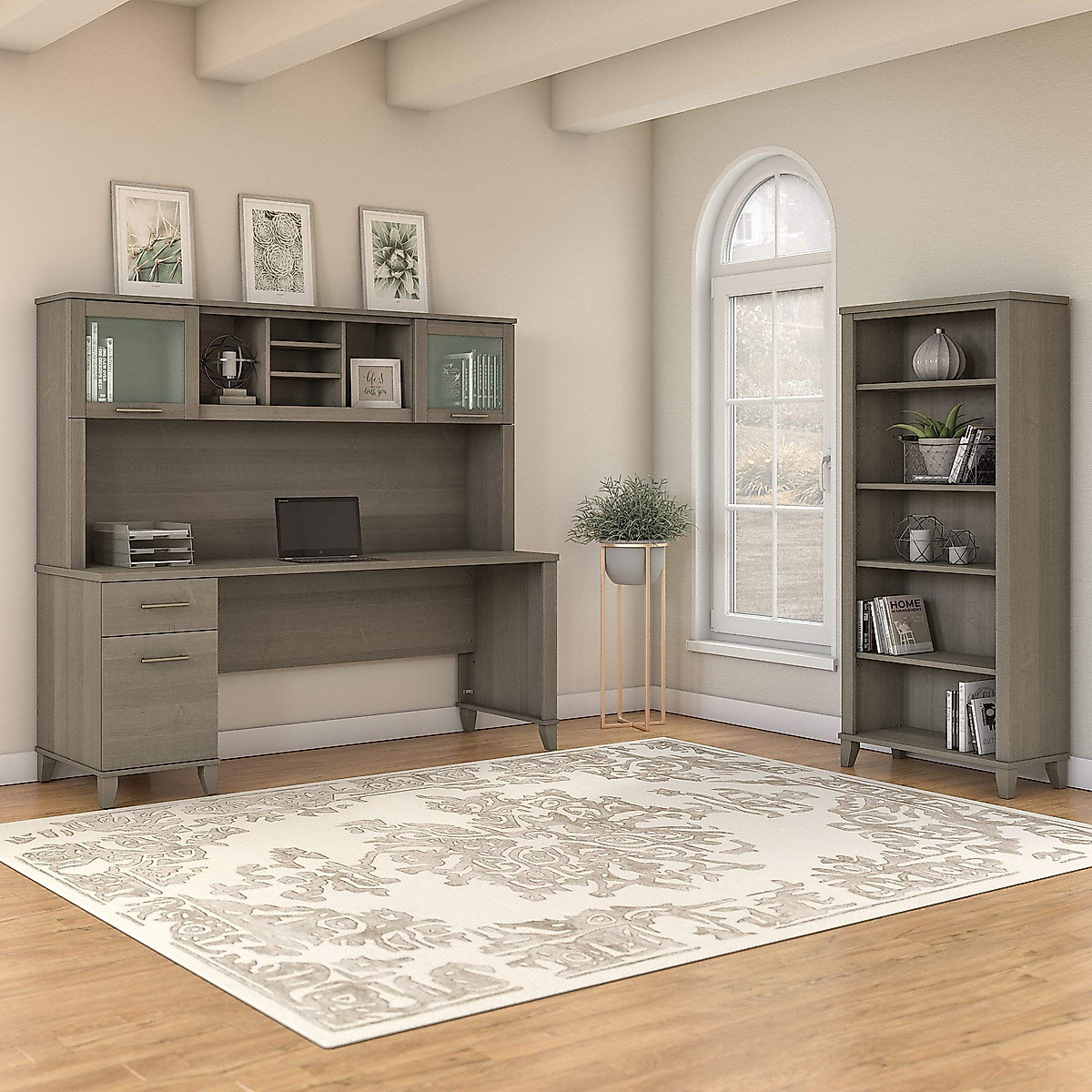Bush Furniture Somerset 72W Office Desk with Hutch and 5 Shelf Bookcase in Ash Gray