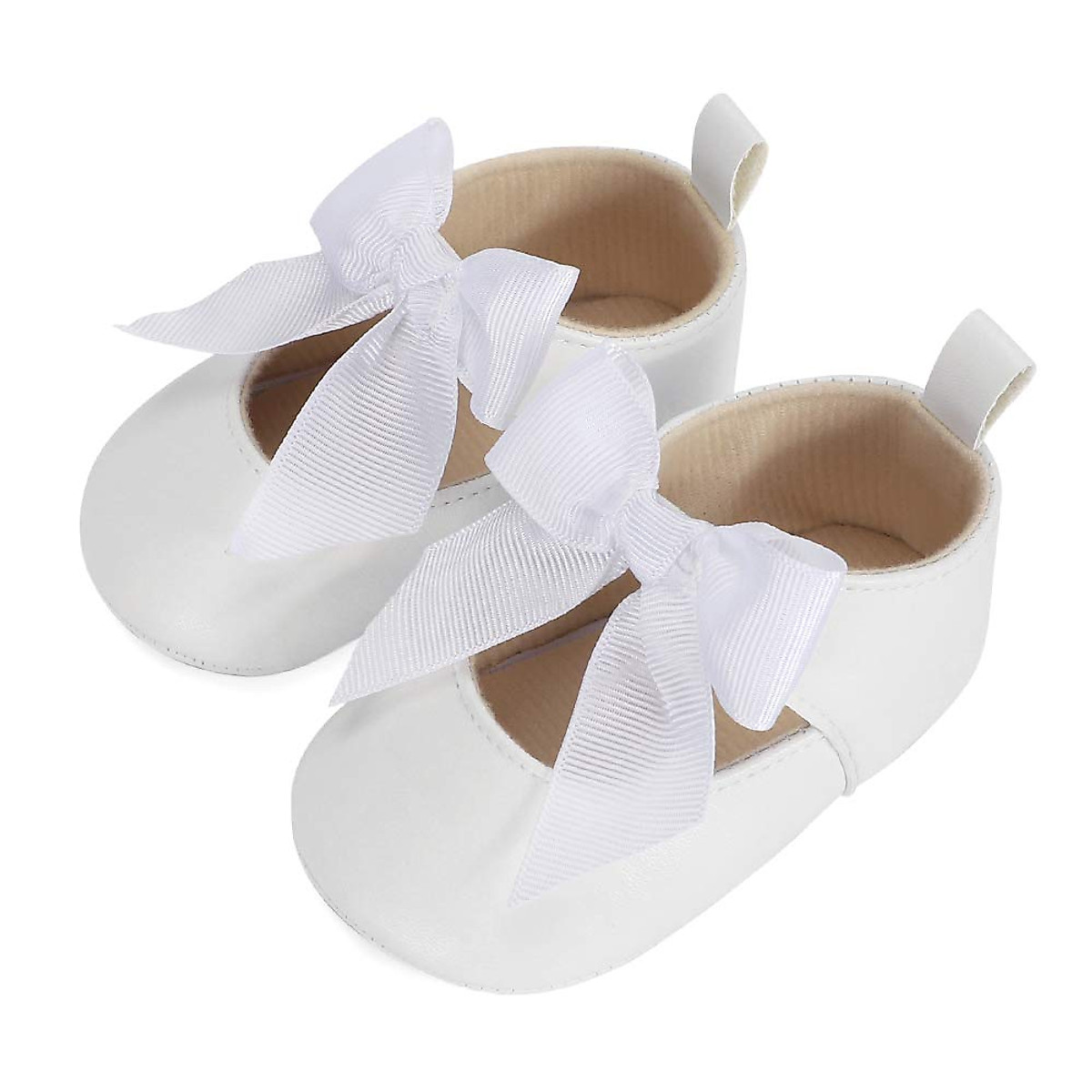 Baby Girls Bowknot Mary Jane Flats Rubber Sole Infant Toddler Walking Shoes Moccasinss Wedding Dress Shoes, White 3-6 Months