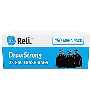 Reli. 33 Gallon Trash Bags Drawstring | 150 Count | Black | 33 Gallon Garbage Bags Heavy Duty | Large 33 Gal