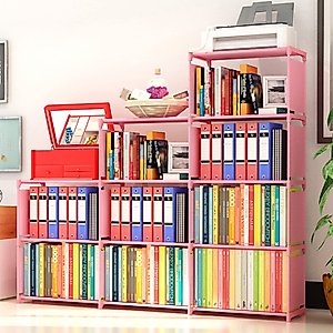 OPPSDECOR 9-Cubes Bookshelf, 4 Tier Shelf Adjustable DIY Bookcases for Kid, Book Shelf Organizing Storage Shelving Cabinet for Bedroom Living Room Office (Pink)