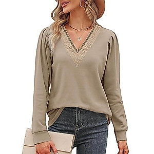Langwyqu Women's Casual Long Sleeve Sweatshirts V Neck Loose Fit Solid Color Work Pullover Shirt Tops Khaki