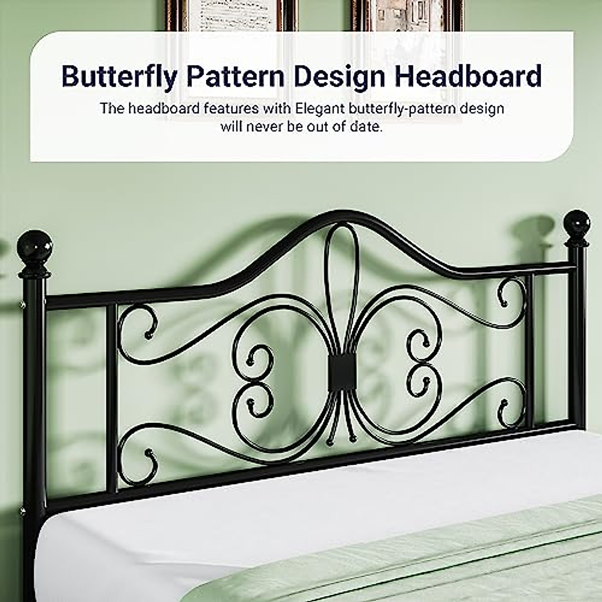 Allewie Queen Size Bed Frame with Headboard,Metal Bed Frame with Butterfly Pattern Design Headboard & Footboard,No Box Spring Needed,Easy Assembly,Black