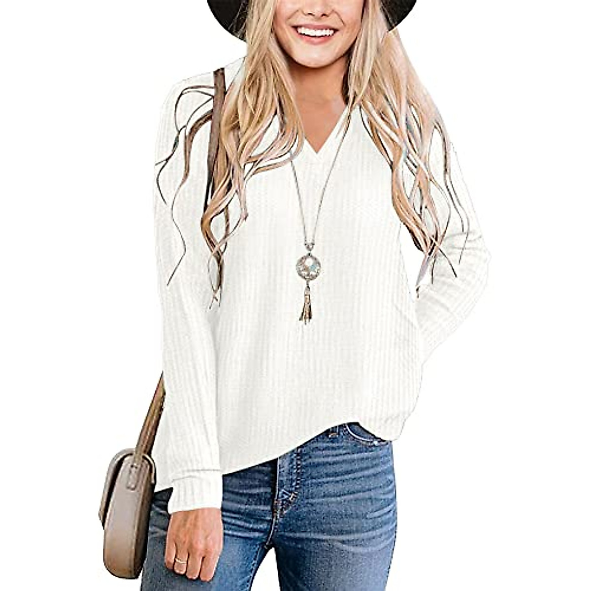 AUSELILY Women Casual Long Sleeve Waffle Knit Solid Color V-Neck Shirt Tunic White M