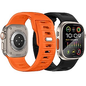 Wingle Sport Bands for Apple Watch Ultra 2 Band 49mm 45mm 44mm 42mm Series 9 8 7 for Men, Soft Silicone Rubber Watch Bands Waterproof Strap for iWatch Ultra/Ultra 2 SE Series 6 5 4 3 2 1, Black/Orange