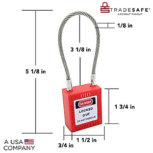 TRADESAFE Lockout Tagout Steel Cable Locks with Keys,10 Red Keyed Different Electrical Lockout Padlock Set, 2 Keys per Lock, OSHA Compliant, Premium Grade
