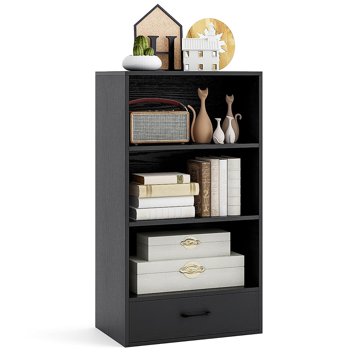 Giantex 4 Tier Bookcase with Drawer, 42.5" Tall Floor Standing Organizer Display Storage Shelves with Anti-toppling Device, Wood Open Shelf Bookshelf for Kids Room, Living Room, Study, Black