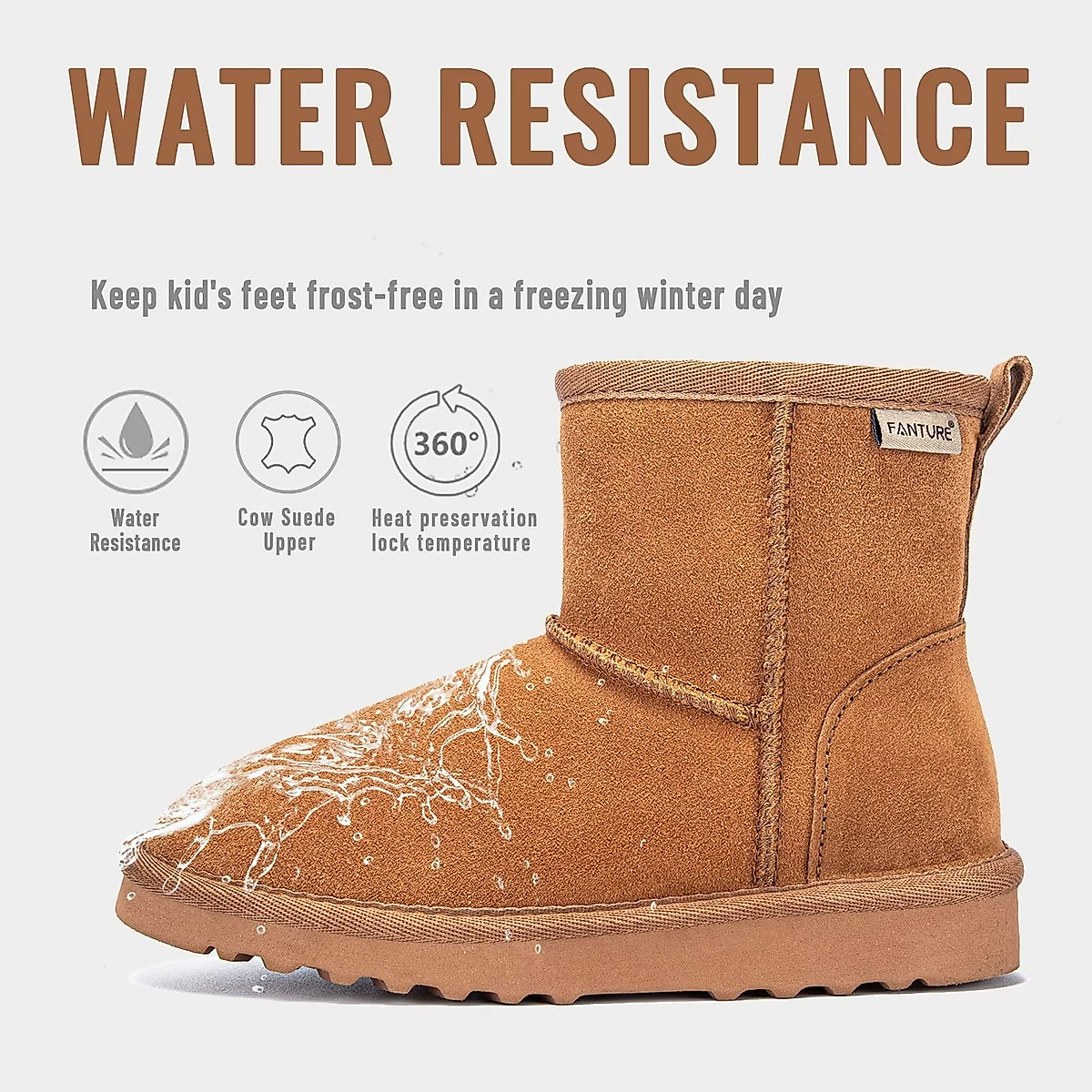 FANTURE Kids Snow Boots Boys Girls Winter Boots Cow Suede Warm Faux Fur Lined Durable Shoes(Little Kid/Big Kid) U422TX902.SA-Tawny-27
