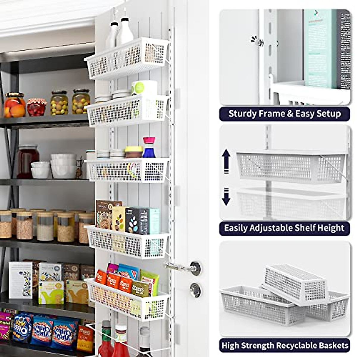 Over the Door Organizer, Adjustable Over Pantry Door Storage with 6 Deep Basket Hanging Over Door Spice Rack Closet Cabinet Door Shelf Organizer for Kitchen Bathroom, Wall Mountable, Modularized Use