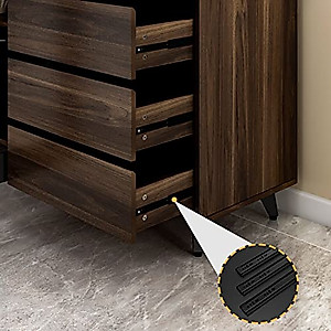 DiDuGo Kitchen Hutch Storage Cabinet with Glass Doors, Pantry with 4 Drawers & Shelves, Hanging Hooks, Metal Legs, for Hallway Deep Walnut (62.9”W x 15.7”D x 74.8”H)