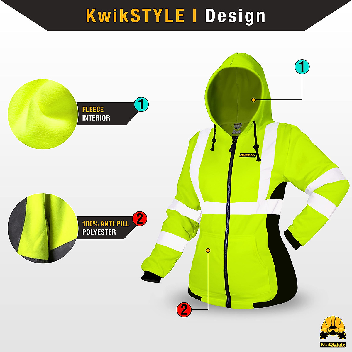 KwikSafety - Charlotte, NC - ROGUE Safety Jacket for Women [NO FUZZ BALLS] Class 3 ANSI OSHA Reflective Hi Vis Womens Fleece Hoodie/Yellow Medium
