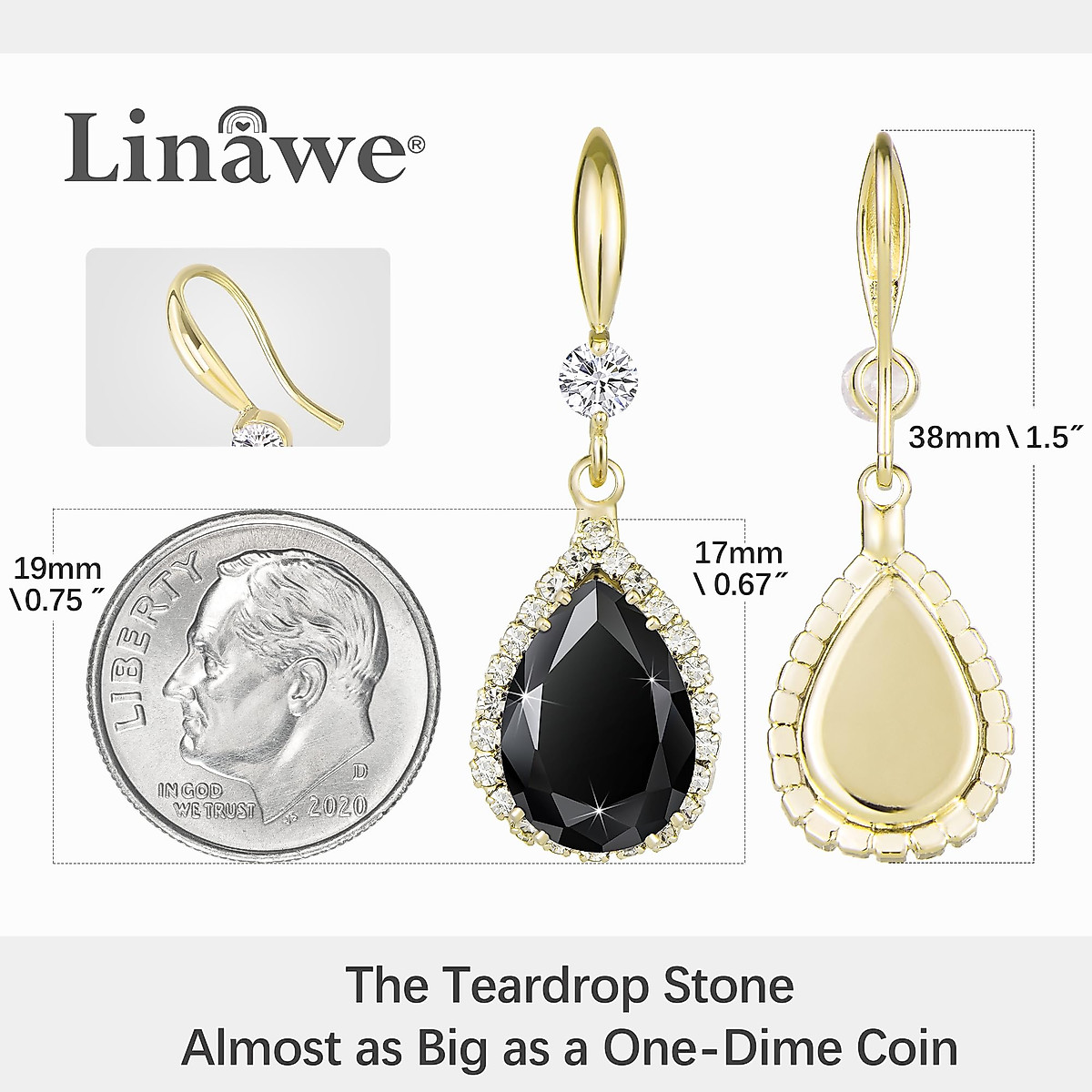 Linawe 14K Gold Black Dangle Earrings for Women Trendy, Diamond Drop Chandelier Rhinestone Cubic Zirconia Crystal Earrings Dangling, Teardrop Birthstone Dangly Earrings