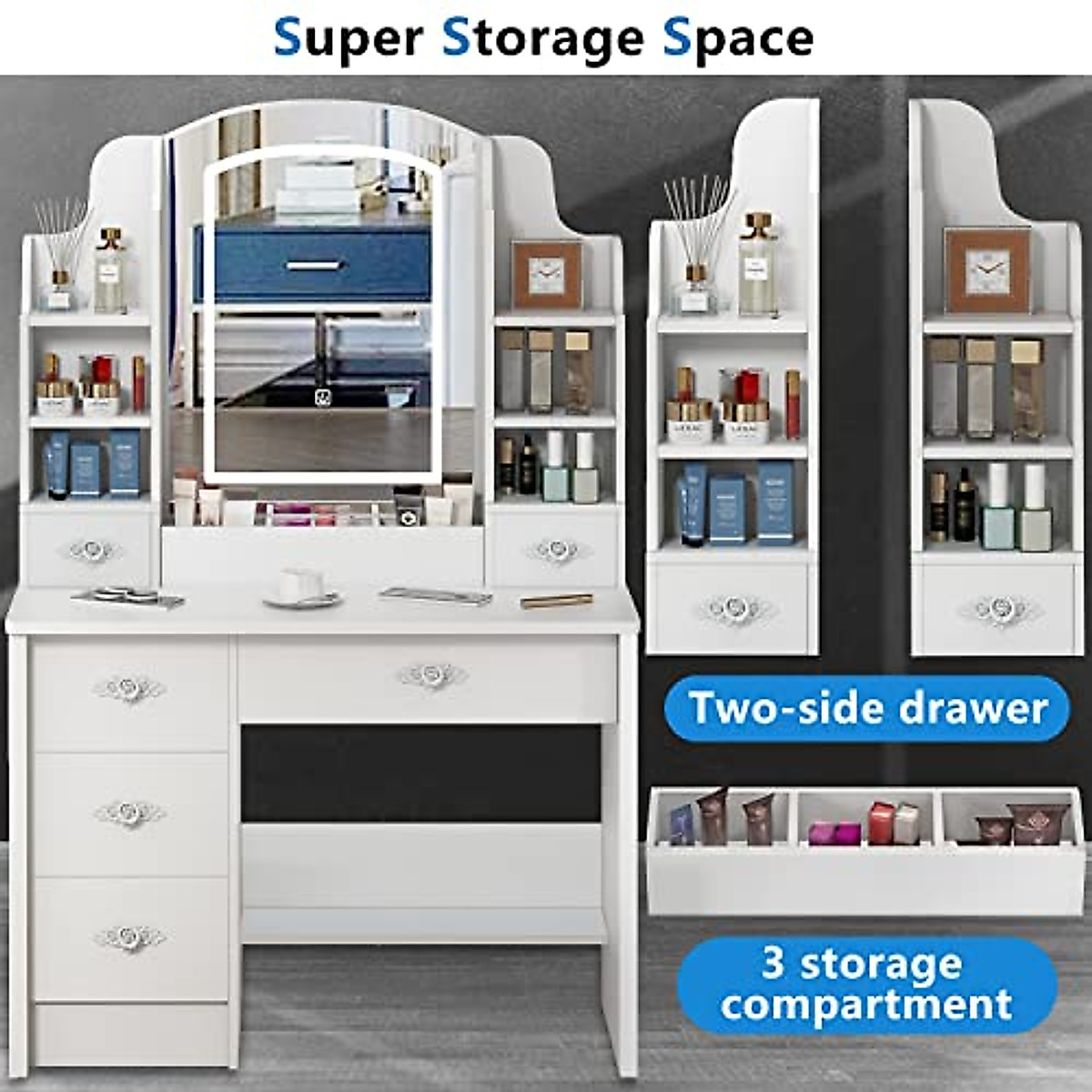 BJYXO Vanity Desk with Lighted Mirror with 3 Color Light Options Adjustable Brightness, Makeup Vanity Table 6 Storage Shelves, 6 Large Drawers, Vanity Set for Girls Women