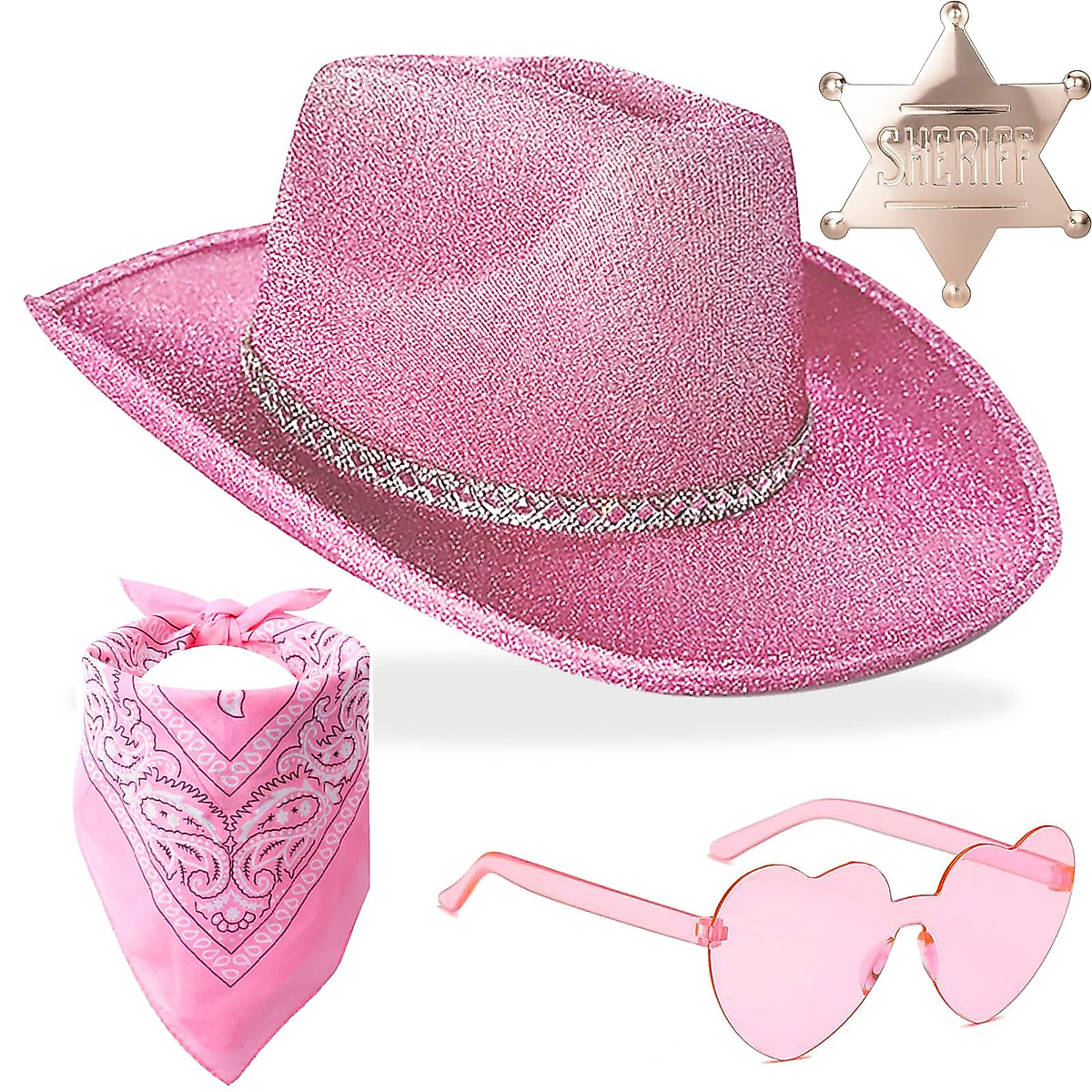 Bazion 4Pcs Pink Cowgirl Hat Heart Sunglasses Bandana Sheriff Badge Glitter Sparkly Cowboy Hat Bachelor Party Halloween Costume (Pink4pcs)