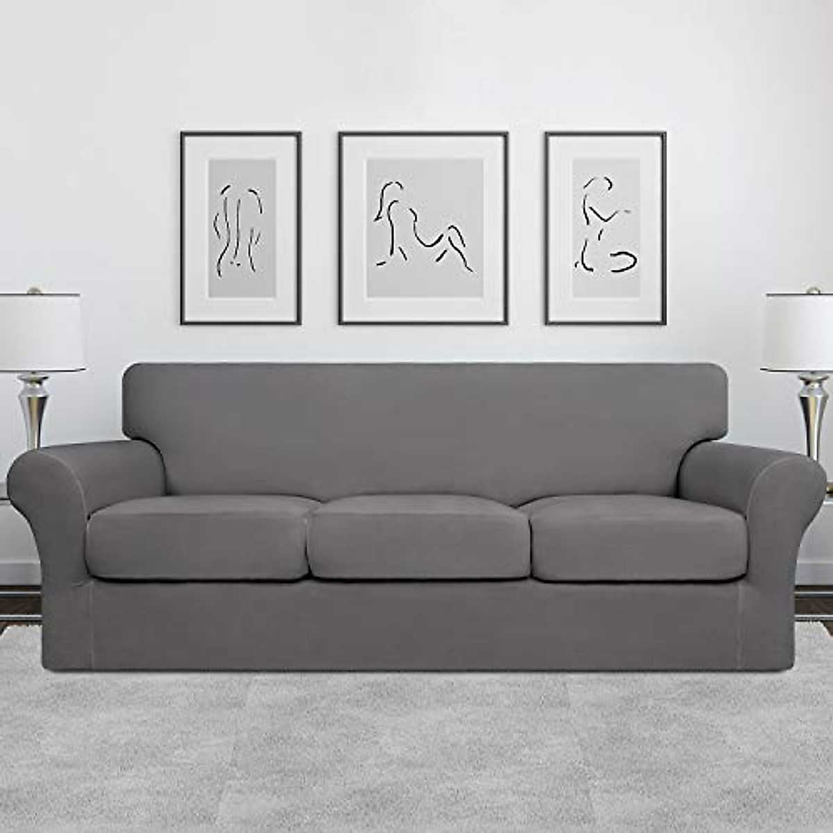 Easy-Going 4 Pieces Stretch Soft Couch Cover for Dogs - Washable Sofa Slipcover for 3 Separate Cushion Couch - Elastic Furniture Protector for Pets, Kids (Sofa, Light Gray, Large)