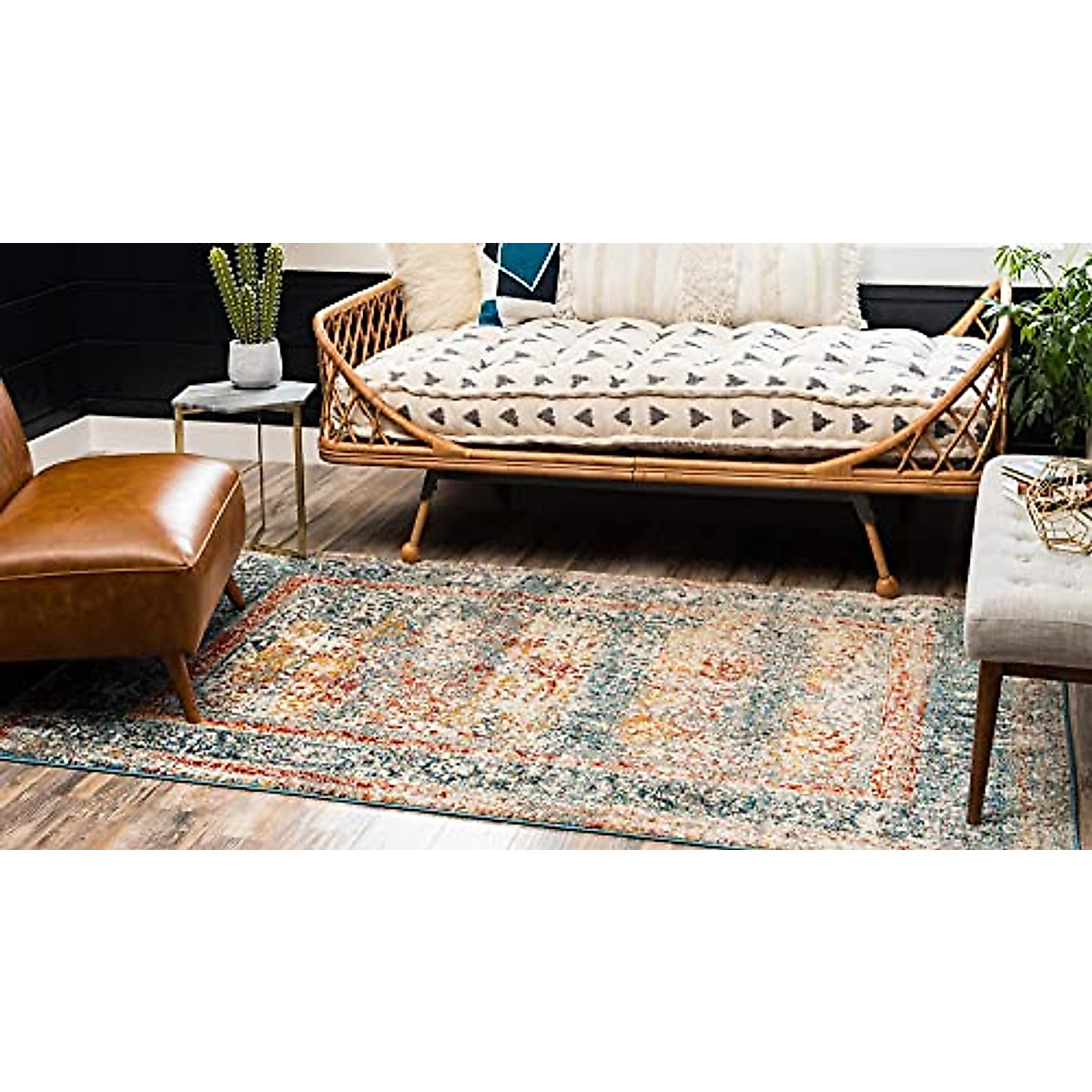 Unique Loom Rosso Collection Vintage, Traditional, Bohemian, Border, Distressed, Southwestern Area Rug, 4' 0" x 6' 0", Blue/Ivory