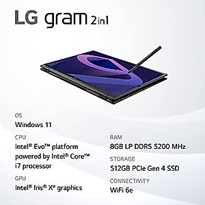 LG Gram (2022) 14T90Q 2-in-1 Tablet Laptop, 14" (1920 x 1200) IPS Display, Intel Evo 12th Gen i7 1260P Processor, 8GB LPDDR5, 512GB NVMe SSD, HD Webcam, WiFi 6E, Thunderbolt 4, Windows 11, Black