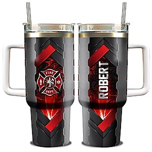 WAZONE Personalized Firefighter 40oz Tumbler with Handle Lid and Straw Custom Name Fireman Stainless Steel Insulated Cup Travel Mug Birthday Christmas Firefighters Fire Fighter Gift For Men Dad