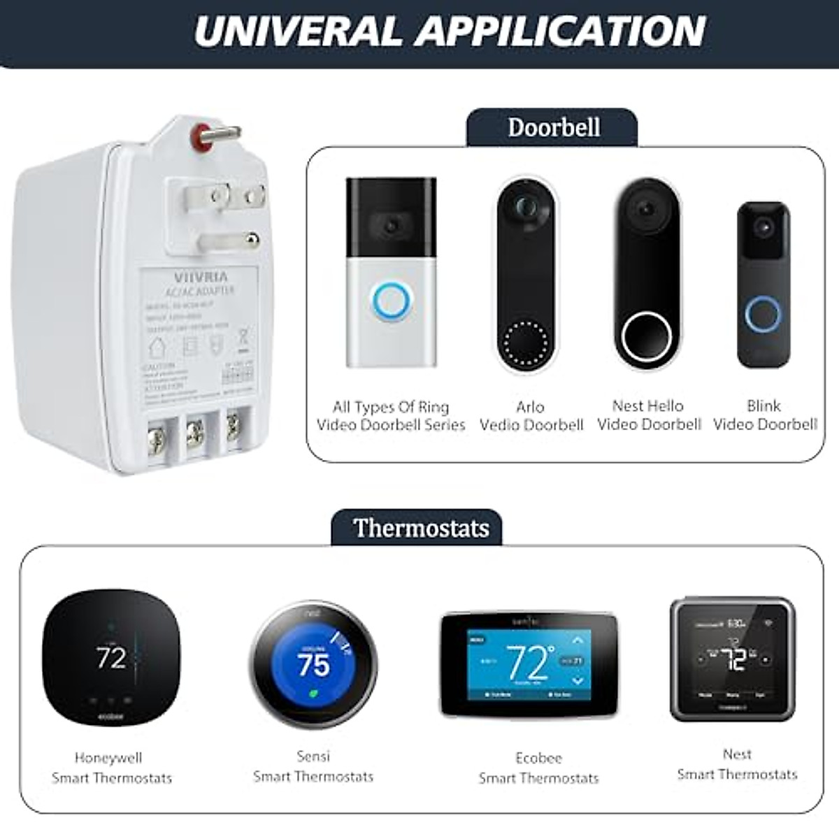 VIIVRIA 24-Volt AC 40VA Plug-in Doorbell Transformer, Compatible with Ring Wired Video Doorbell, Nest, Ecobee, Sensi, and Honeywell Thermostats, Power Supply for Multiple Smart Doorbells