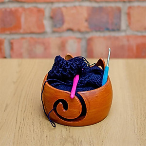 Cute Cat Yarn Bowl, Yarn Bowls Yarn Storage Bowl with Carved Holes & Drill, Creative Wooden Handmade Round Woolen Bowl for DIY Knitting Crocheting Accessories (B)