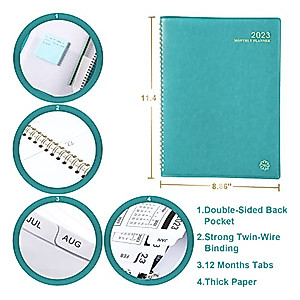 2023 Monthly Planner/Calendar - Monthly Planner from January 2023 - December 2023, Leather Calendar Planners with Tabs, Twin-Wire Binding and Double Side Clear Inner Pocket, 9" x 11", Plain/Blank Writing Blocks