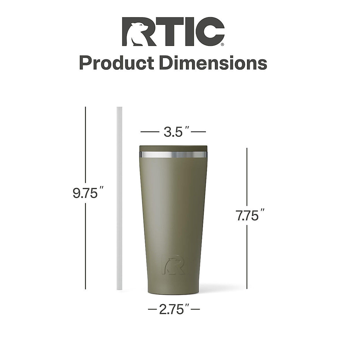 RTIC 20oz Everyday Tumbler Insulated Stainless Steel Portable Travel Coffee Cup with Straw, Spill-Resistant Lid, BPA-Free, Hot and Cold Drink, Ceramic Lining, Olive
