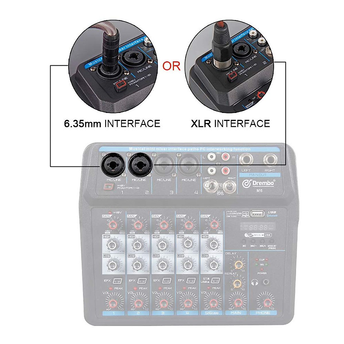 D Debra M6 Mini Audio Mixer Mixing Console Mixer Sound 6 Channel with Sound Board USB Bluetooth Audio Interface Mic Preamps 48V Phantom Power Mixer Use for DJ Studio PC Recording Singing Webcast Party