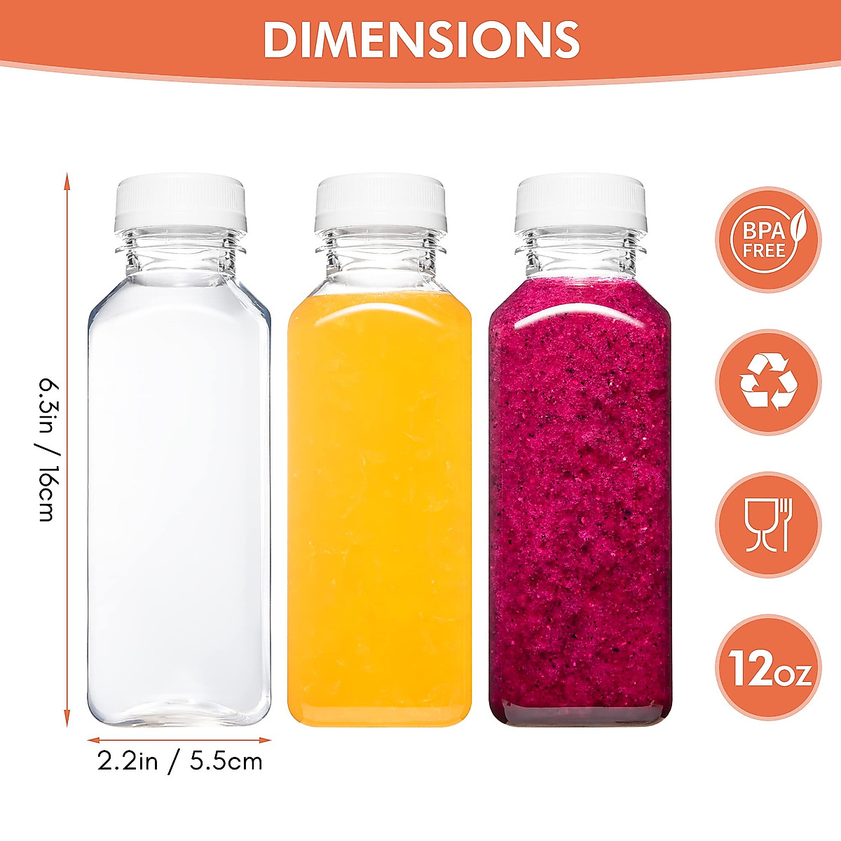 Norcalway 6pcs 12oz Plastic Bottles with Caps, Juice Containers With Lids For Fridge, Reusable Juicing Bottles, Smoothie Bottle, Drink Containers With Lids, Clear Bottles