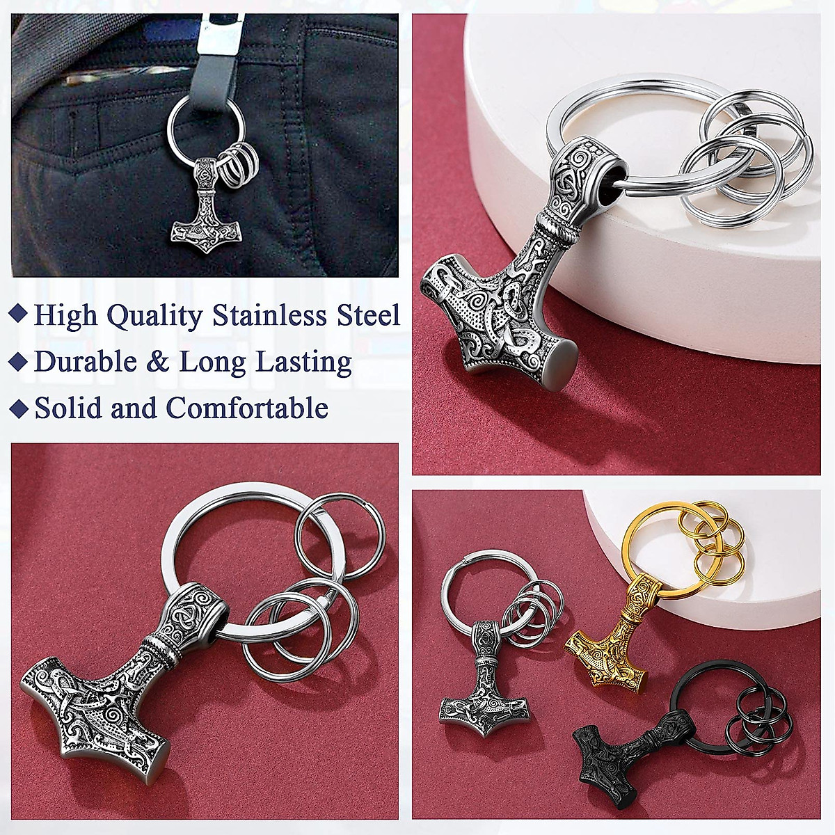 Keyrings for Men, Thor Hammer Stainless Steel Norse Viking Jewelry for Male, Mjolnir Amulet Key Rings Silver for Dad