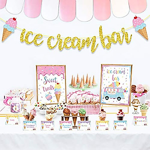 Ice Cream Bar Decorations Kit, Ice Cream Sundae Bar Glitter Banner, Ice Cream Table Sign Food Labels Tents Cup Tag Sticker for Summer Ice Cream Theme Birthday Baby Bridal Shower Wedding Party Supplies