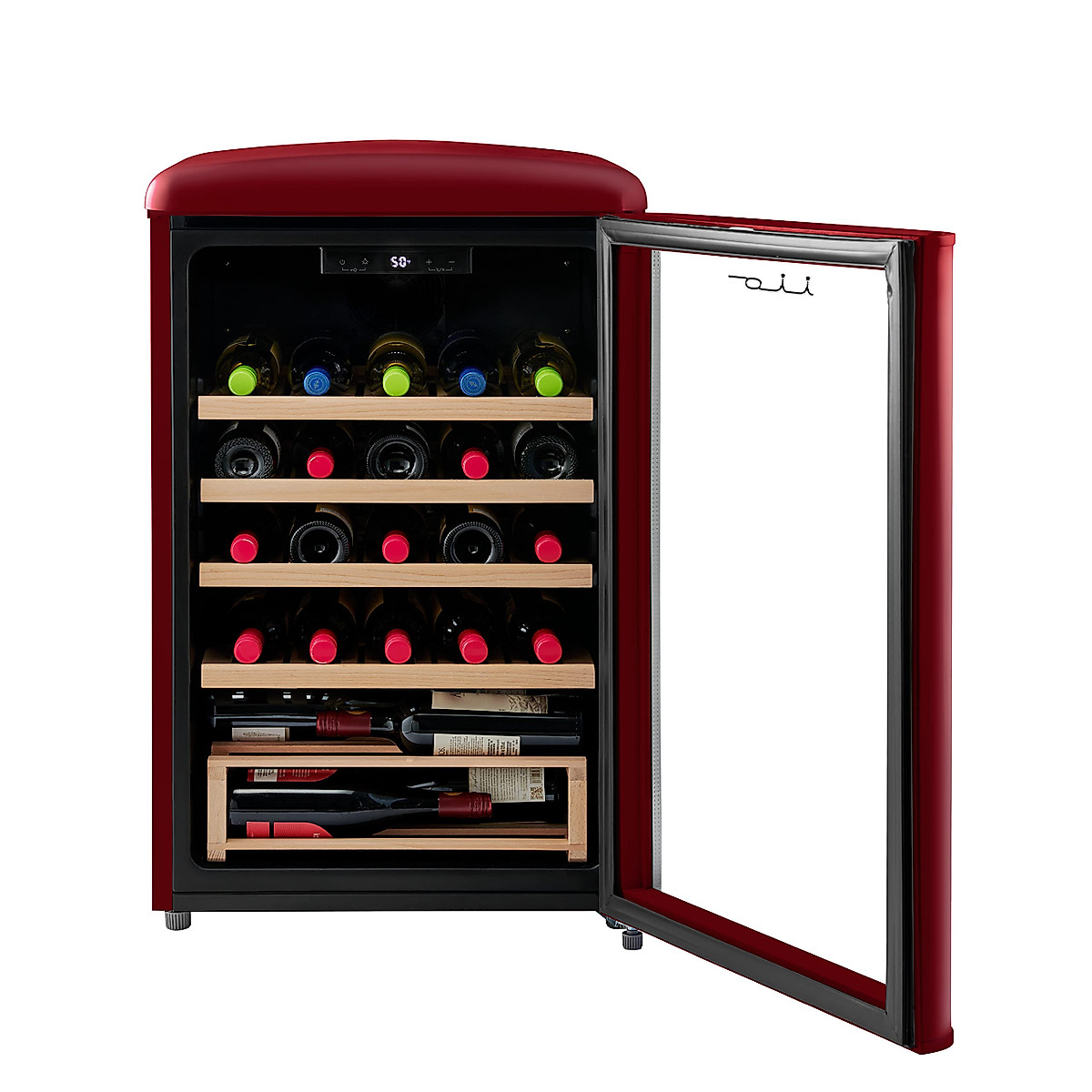 iio 30 Bottle Retro Small Wine Cooler Refrigerator, UV Resistant Glass Door, Cabinet RV Office Bar Beverage Cellar, Mini Fridge for Bedroom, Quiet Compressor, Freestanding, Slide-out Shelves (Red)