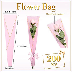 Set of 400 Flower Packaging Kit 200 Pcs Single Rose Sleeves Bulk Flower Wrapping Paper Bouquet Bags 200 Pcs Plastic Flower Water Tubes for Mothers Day Wedding Birthday (Pink)