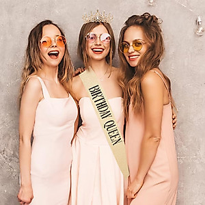 Bolonar Gold Crystal Birthday Crown for Women Birthday Queen Tiara with Combs Glitter Birthday Sash Happy Birthday Party Decorations Birthday Gifts