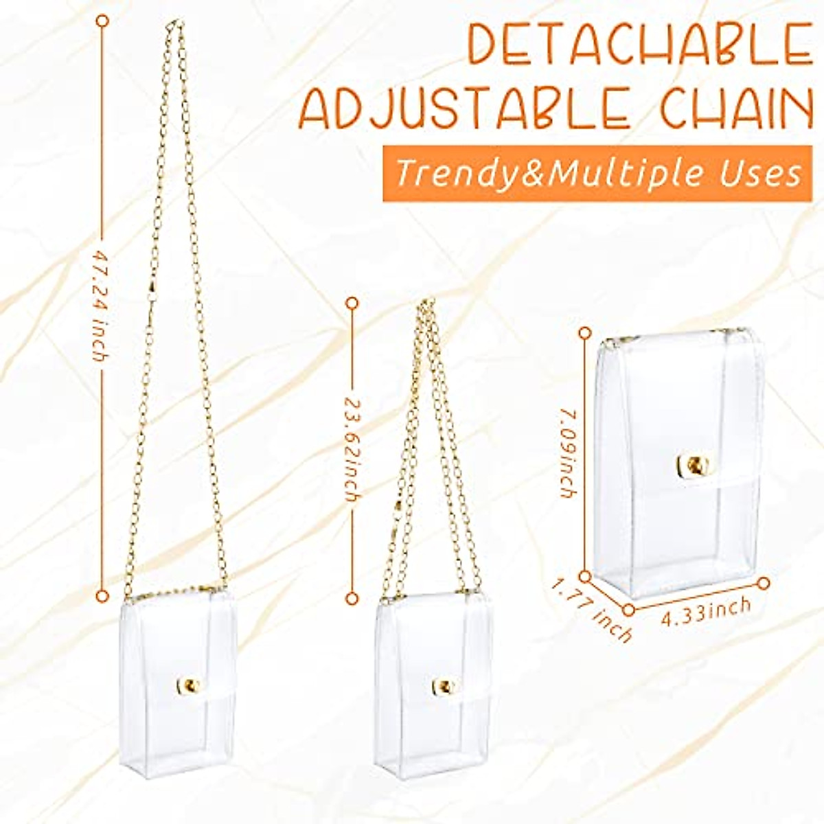 2 Pcs Clear Bag Stadium Approved Small Clear Purses PVC Plastic Bag for Women Girls Men Sporting Concert (Gold Glitter, Simple Style)