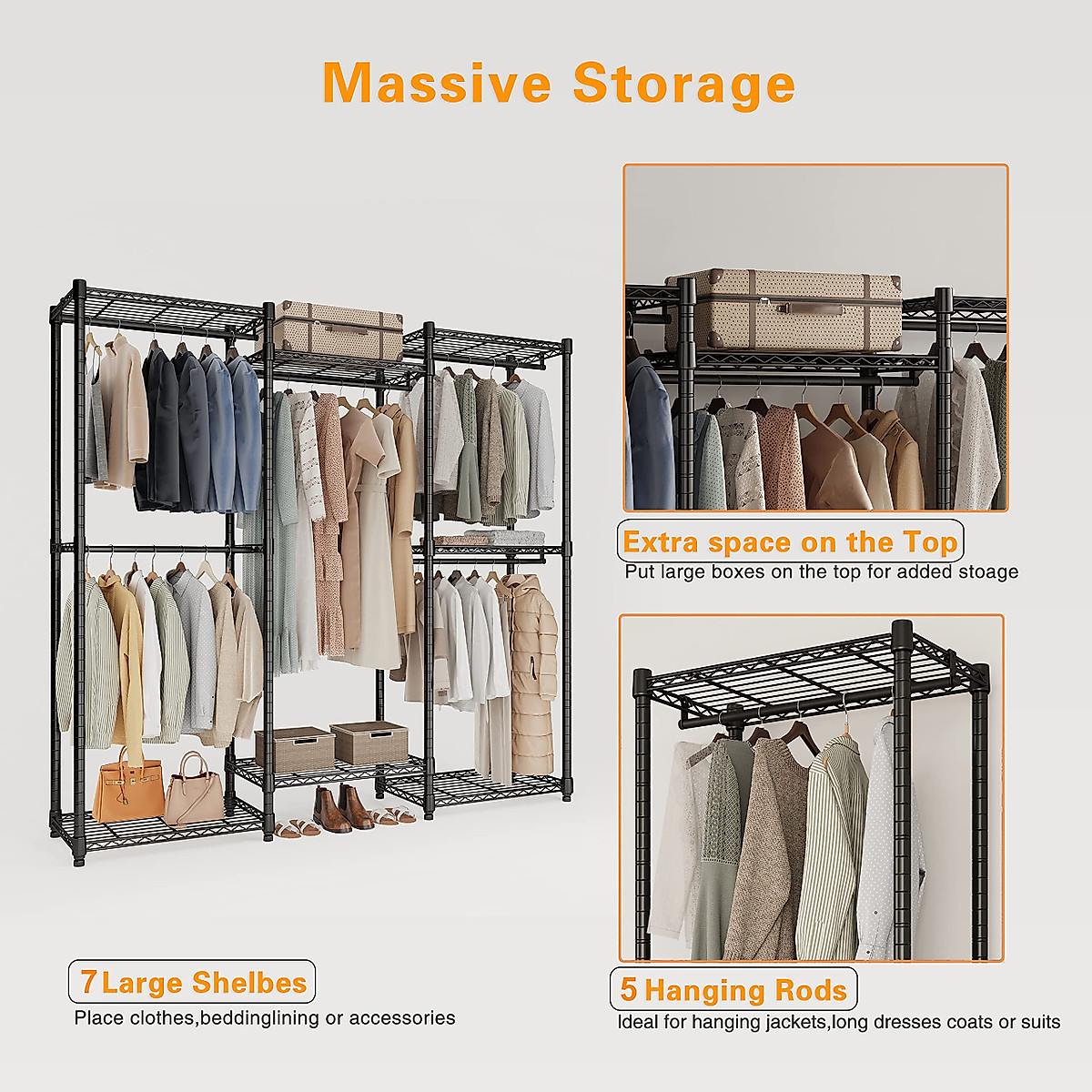 Tophorse T3 Portable Closet Clothes Rack, Heavy Duty Clothing Rack with 5 Hang Rods & 7 Shelves, Adjustable Closet Organizers and Storage Wardrobe, 75.2" W x 15.7”D x 76.4”H, Max Load 850LBS