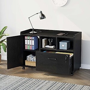 Rolanstar File Cabinet with Charging Station, Mobile Lateral Filing Cabinet with Locking Drawer, Printer Stand with Open Storage Shelf with Wheels, for Letter/Legal/A4 Size Files,Black