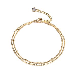 Bemoly Women Dainty Anklet,14K Gold Plated Satellite Anklet Double Layered Cute Beads Chain Tassel Coin Disc Heart Summer Ankle Bracelet Boho Beach Foot Chain