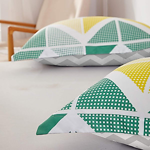 UOZZI BEDDING Comforter Set Queen Size 3 Pieces Colorful Style Yellow Green Cubes Triangles Print Reversible Down Alternative 800 TC Kids Adult Duvet Sets
