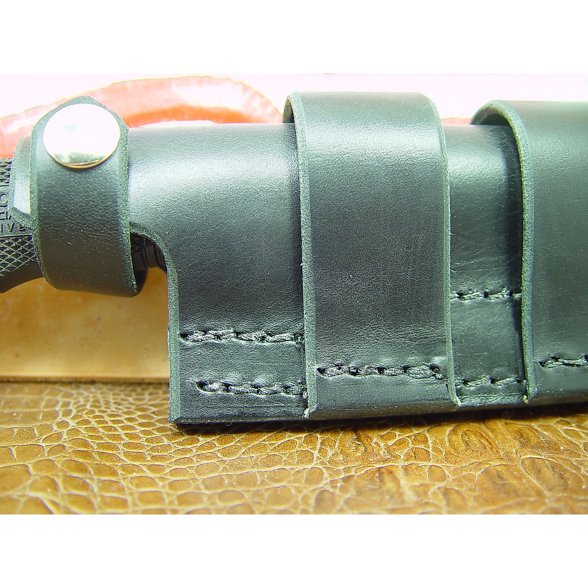 Custom Made Cross Draw Knife Sheath That Will fit The SOG Seal pup Dyed Black. A lot of Leather for The Price. Can be Worn on Left or The Right Hand Side.