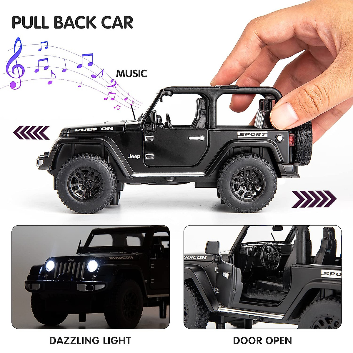 BDTCTK Compatible for 1:32 Wrangler Model Car, Zinc Alloy Pull Back Toy Car with Sound and Light for Kids Boy Girl Black