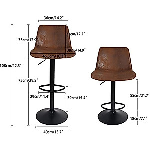 Bar Stools Set of 2 Counter Height | Bulk Continental | Swivel Barstools with Footrest and L Shape Back, Height Adjustable Modern Bar Chairs, Leather - Brown