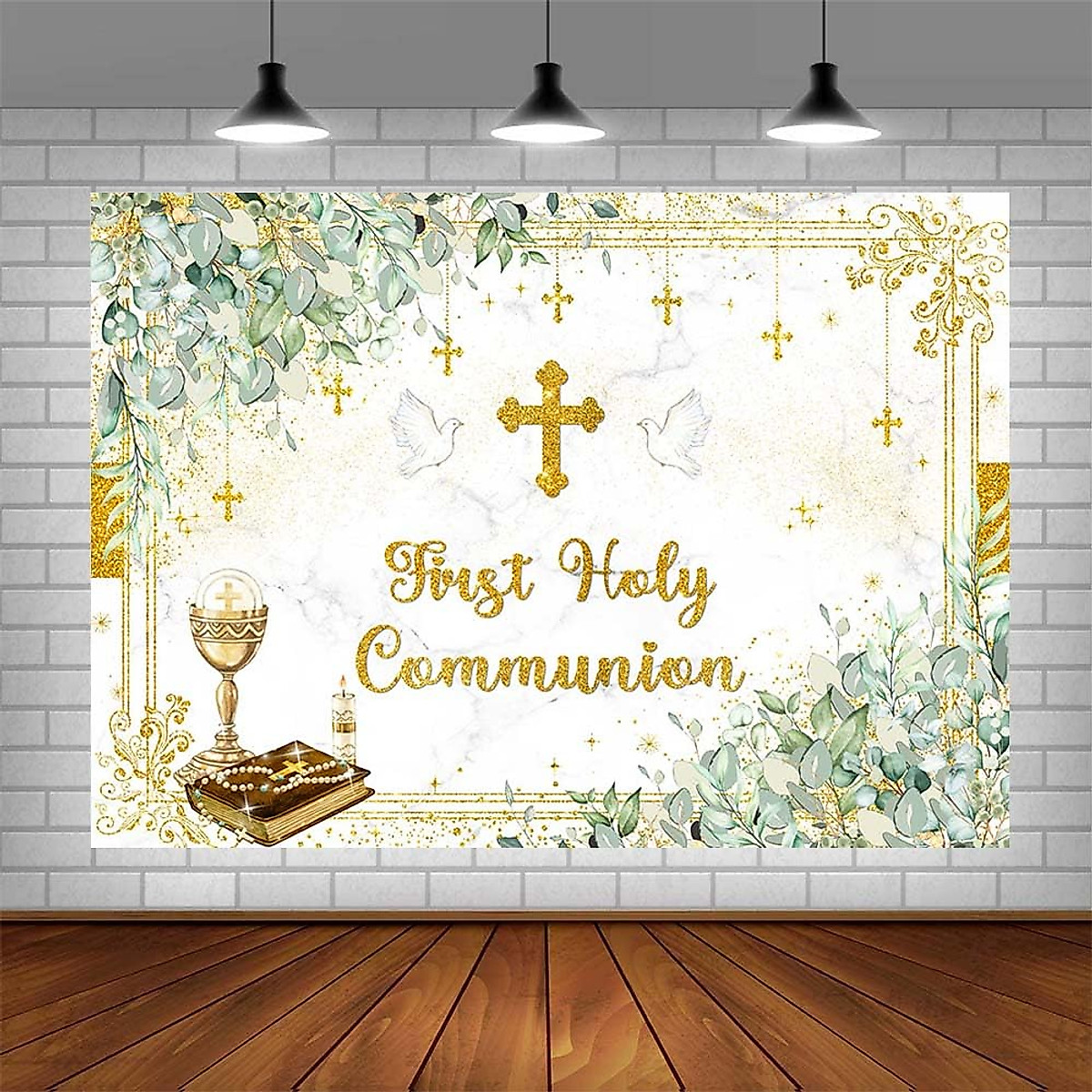 AIBIIN 7x5ft Greenery Baptism Backdrop First Holy Communion Christening Party Decorations Gold Eucalyptus God Bless Mi Bautizo Party Banner Photo Studio Props